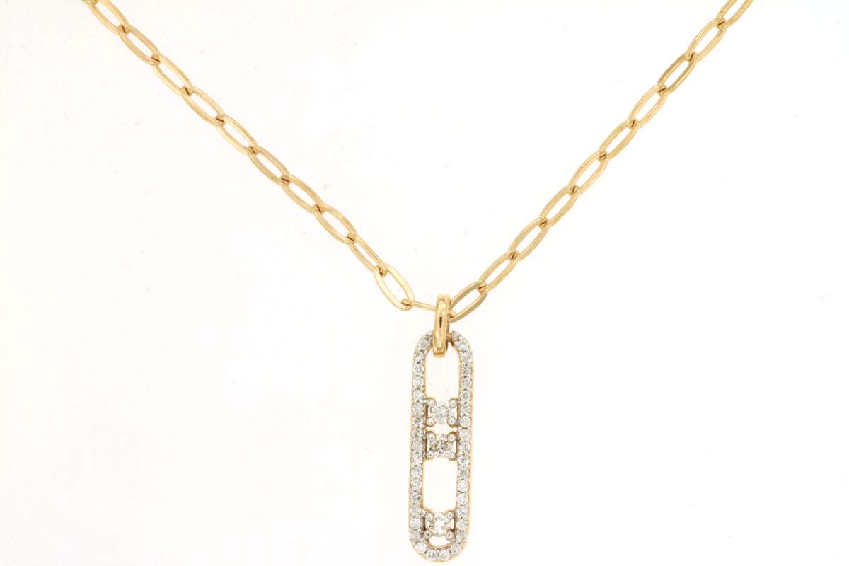 14K Yellow Gold 2mm Paperclip Chain And Paperclip Pendant With Round